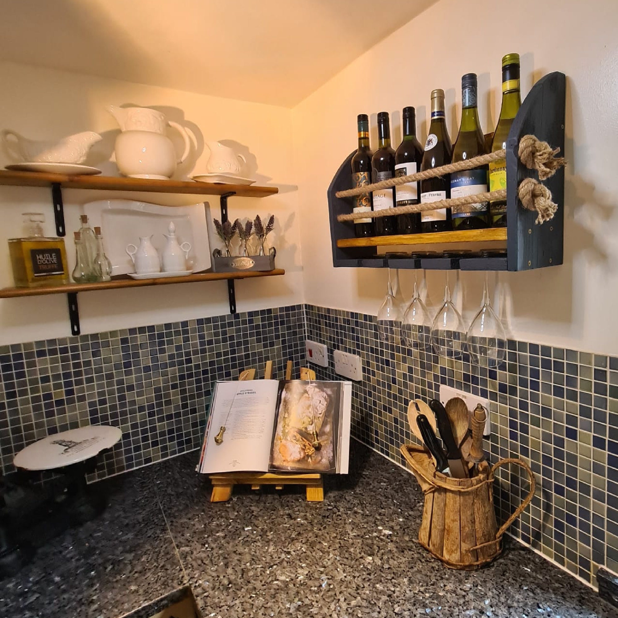 Wall Mounted Wine Bar Rack in blue with antique pine stain | Etsy