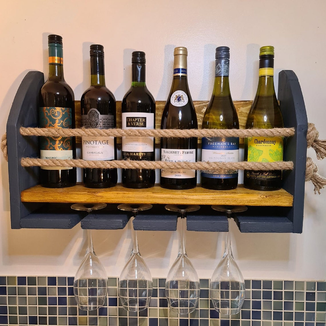 Wall Mounted Wine Bar Rack in blue with antique pine stain | Etsy