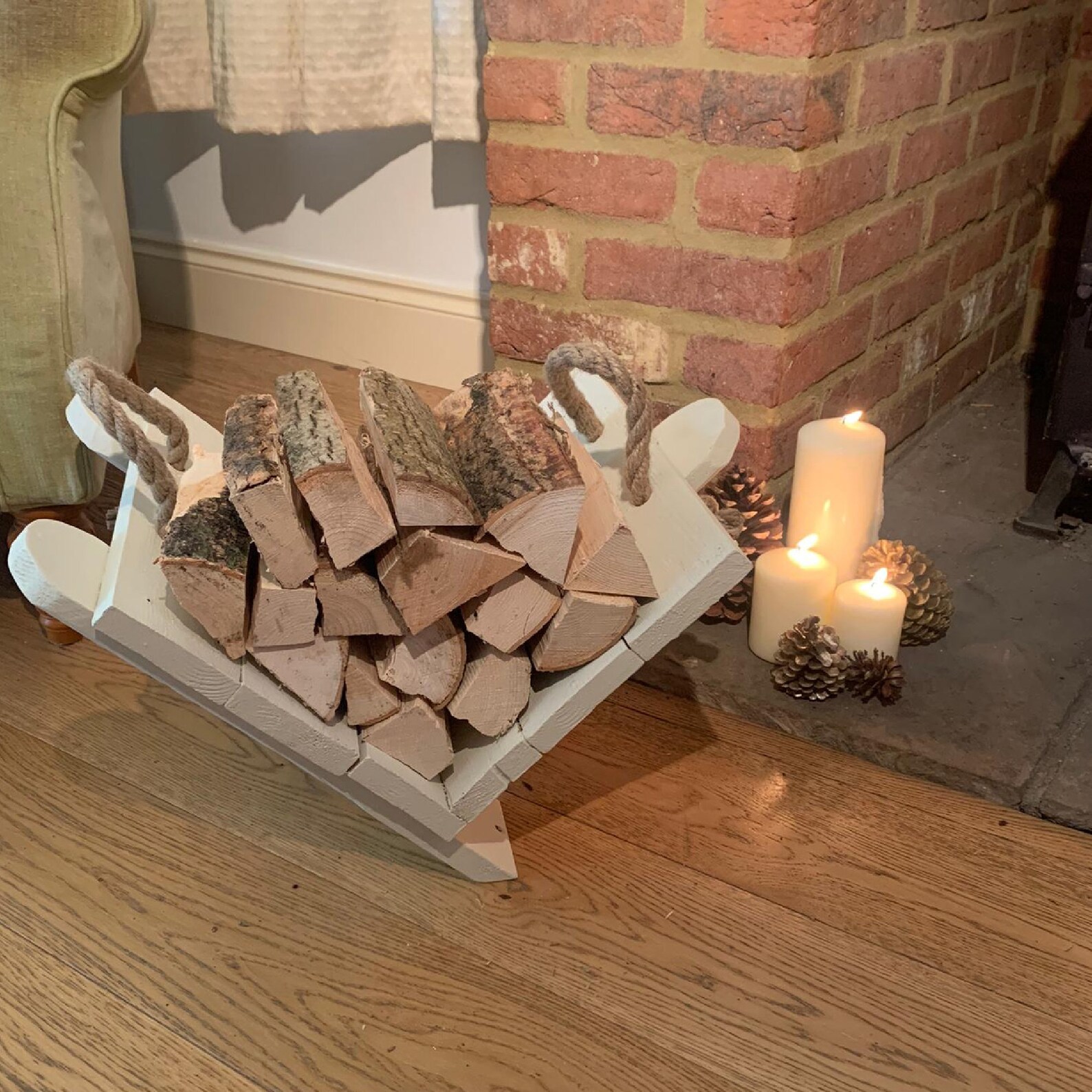 Rustic Wood Log Basket for Fire With Rope Handles Painted in | Etsy