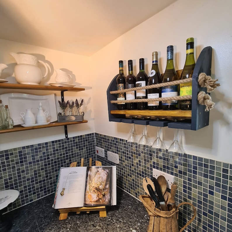 Wall Mounted Wine Bar Rack in blue with antique pine stain | Etsy