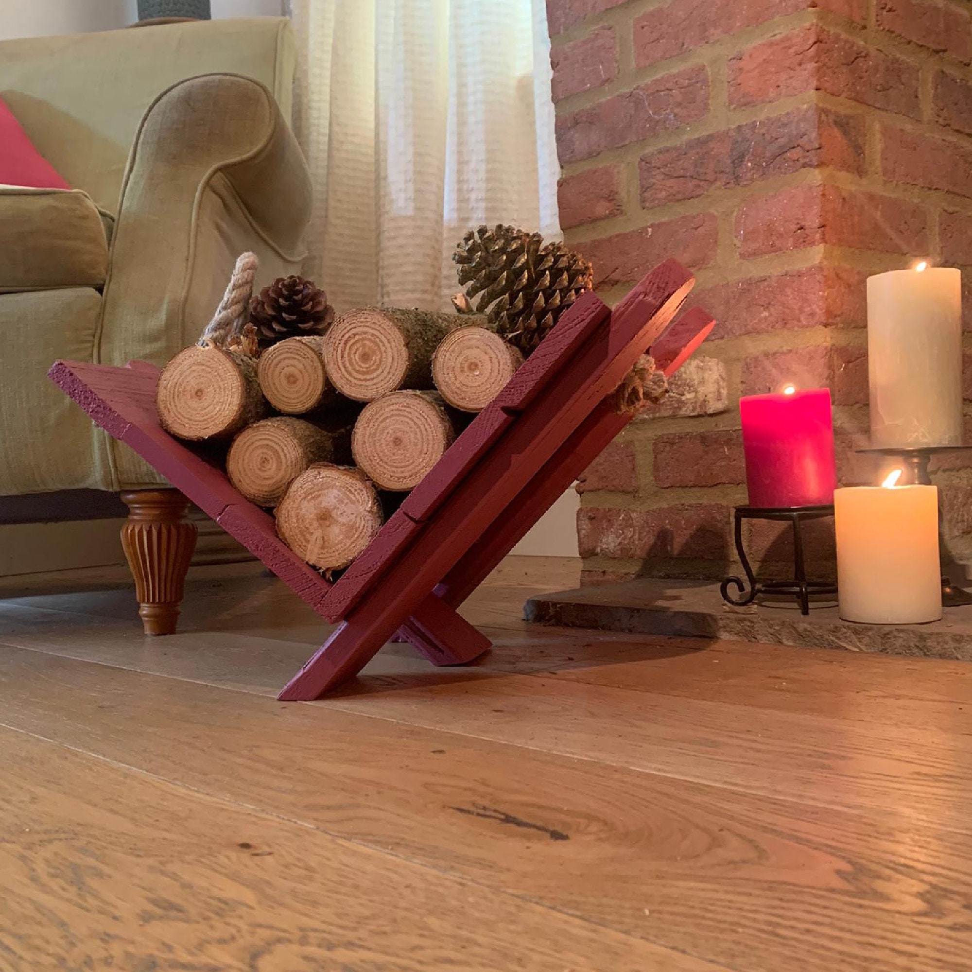 Wooden Log Basket Painted in Plum. Rustic Wood With Rope - Etsy UK