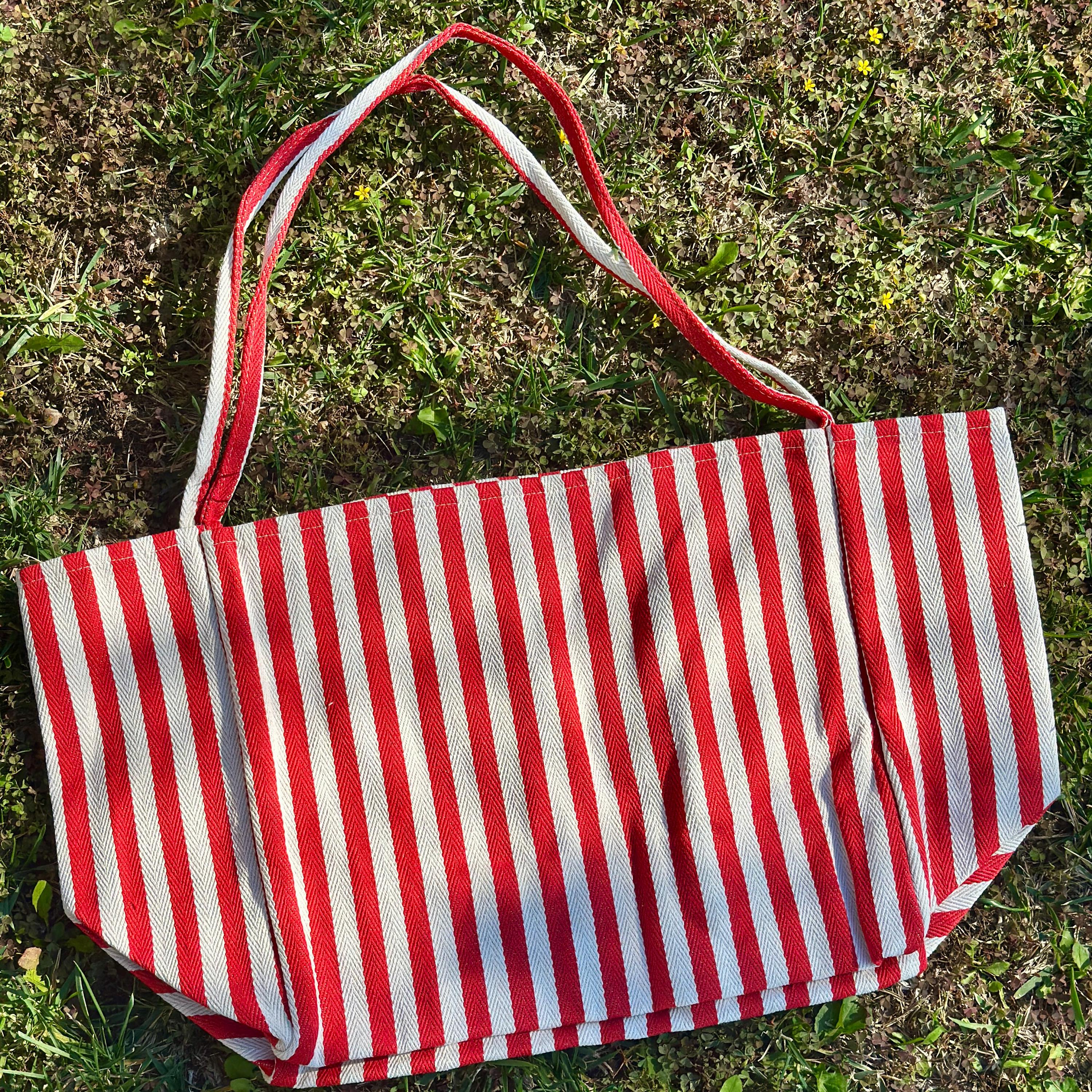 Red & Cream Striped Tote Bag, Large Woven Beach Carryall - Etsy