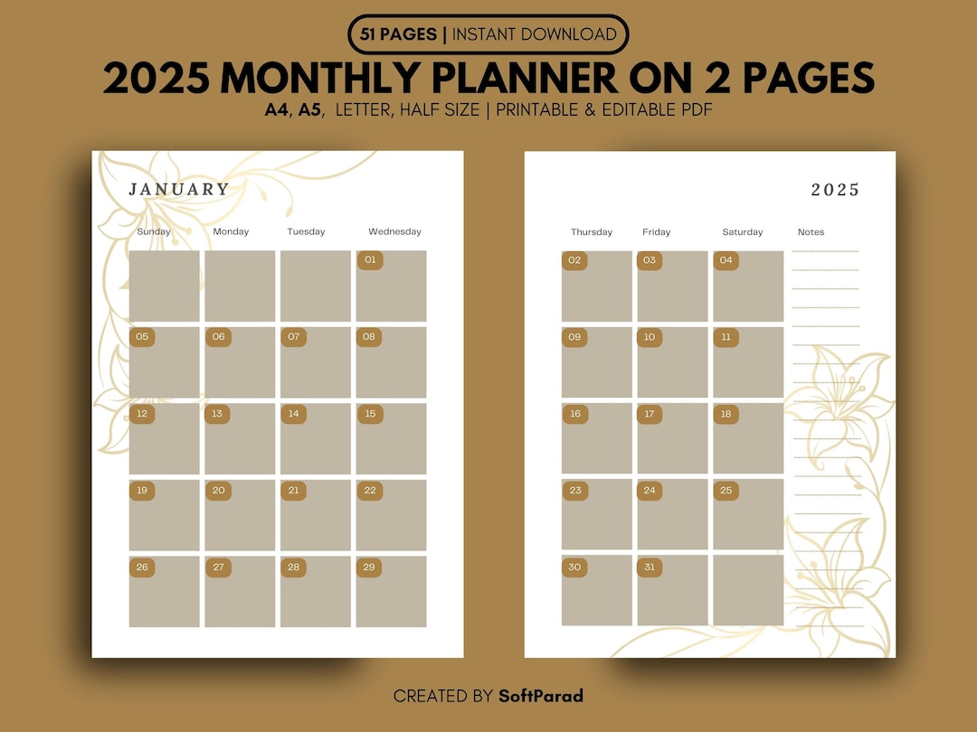 2025 Monthly Planner Printable | Dated Two-page Spreads | Calendar ...