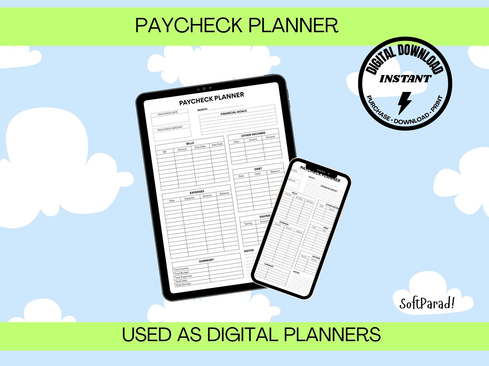 Paycheck Planner Printable | Monthly Budget Tracker | Debt, Expenses ...