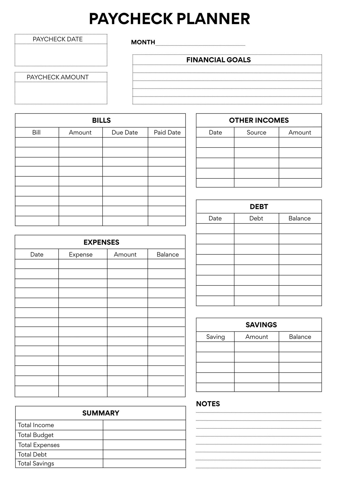 Paycheck Planner Printable | Monthly Budget Tracker | Debt, Expenses ...