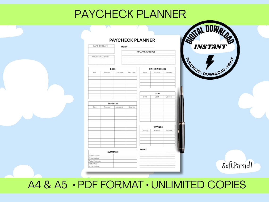 Paycheck Planner Printable | Monthly Budget Tracker | Debt, Expenses ...