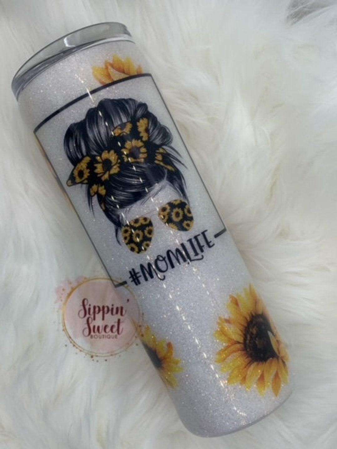 20oz Custom Glitter Momlife Sunflower Tumbler Sunflower Glitter Tumbler