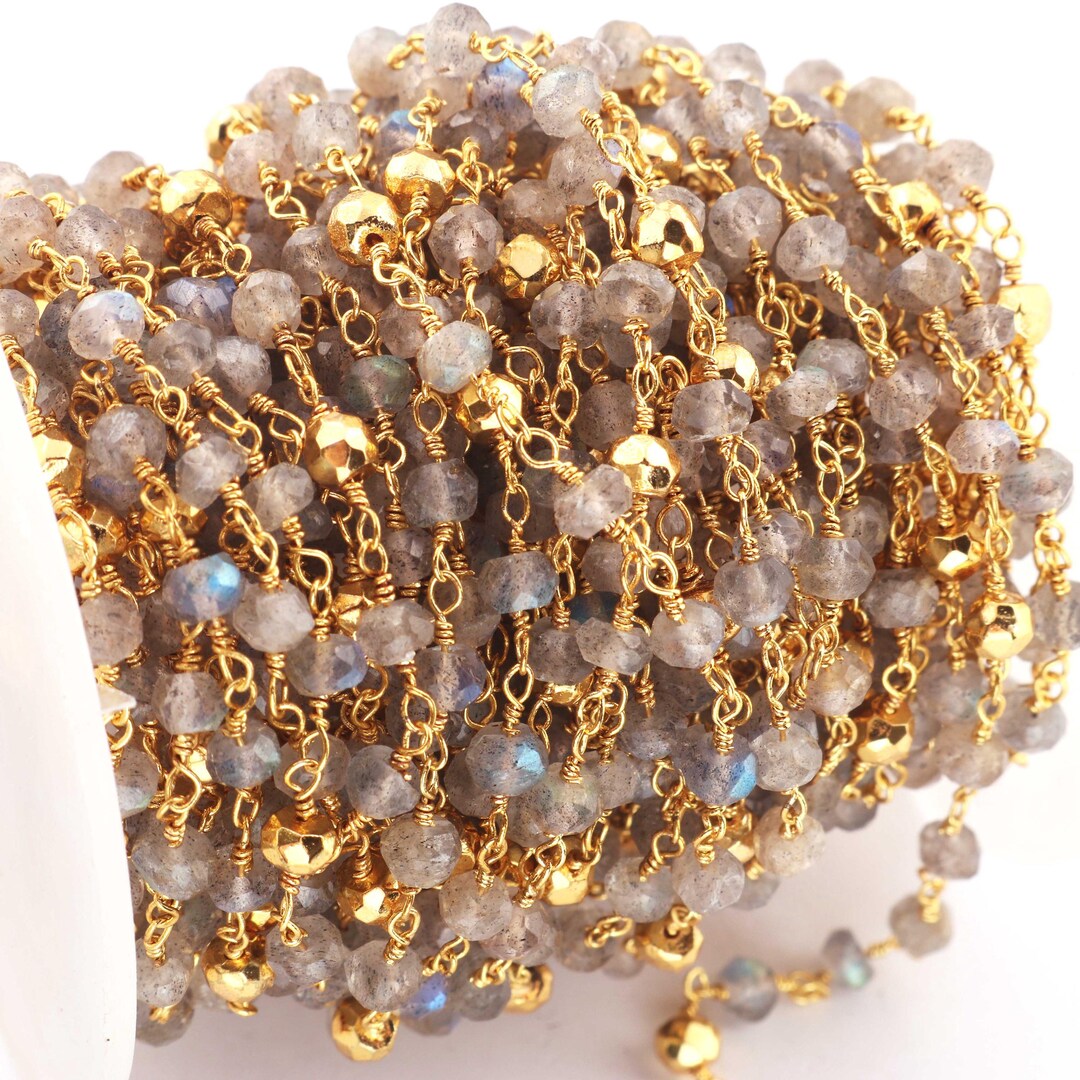 5 Feet Labradorite+ Gold Pyrite Gemstone Rosary Chain, 3.5mm-4mm ...