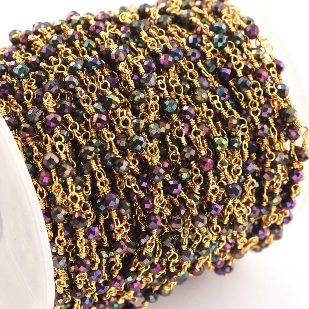 5 Feet Black Spinel Blue Coated Rondelle Chain, 3mm Faceted Beads, 24k ...