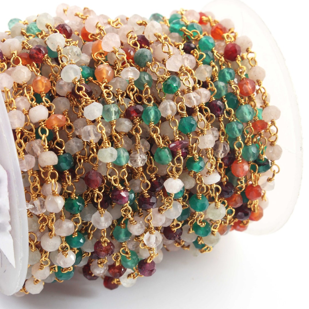 5 Feet Multi Gemstone Rosary Chain, 3.5mm-4mm Faceted Beads, Mix Stone ...