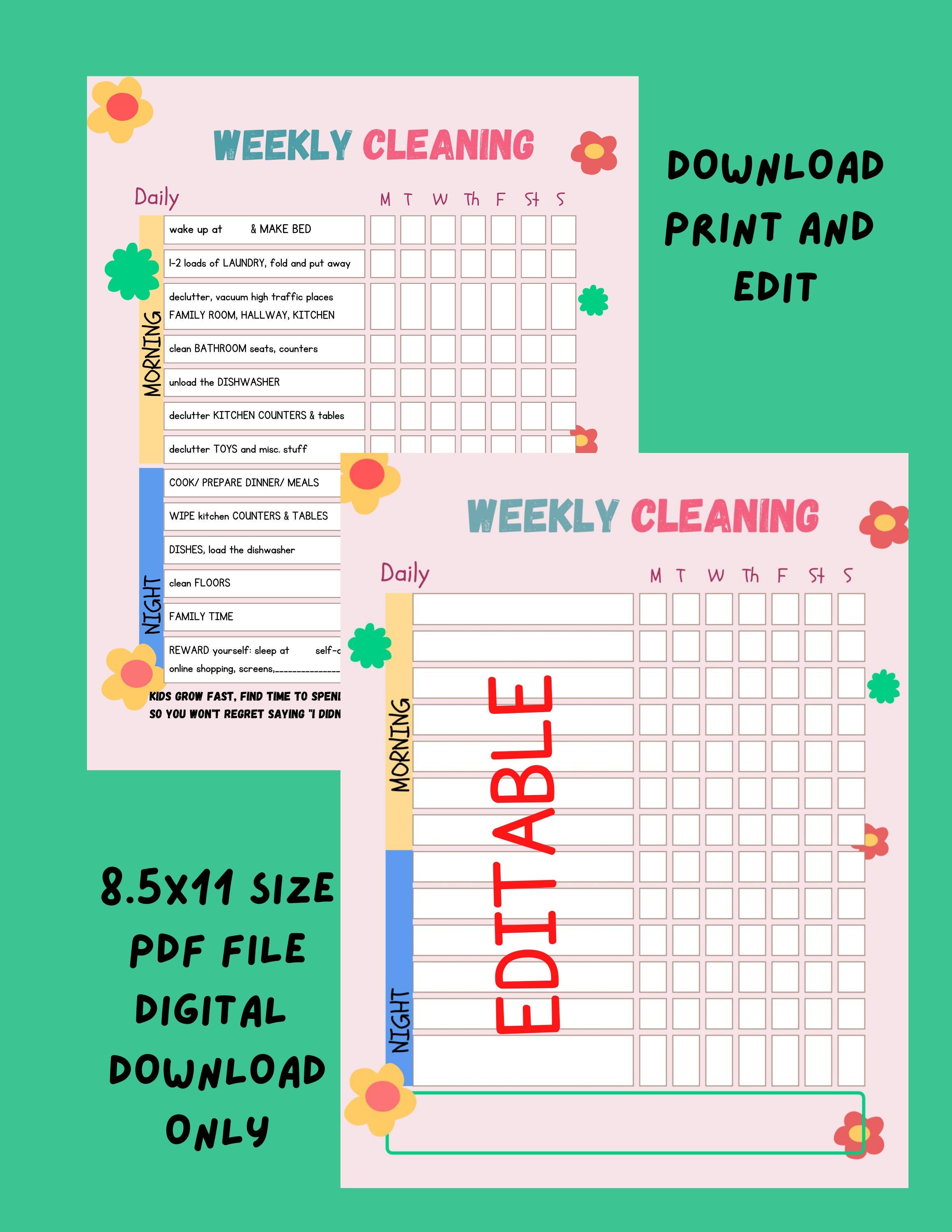 Editable Weekly Cleaning Checklist Charts for Moms | Etsy