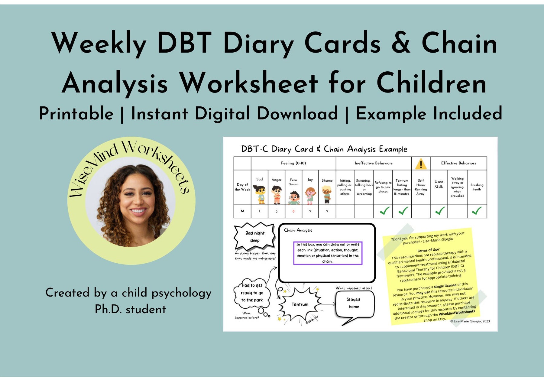 Weekly DBT Diary Cards for Children Dialectal Behavioral Therapy Chain ...