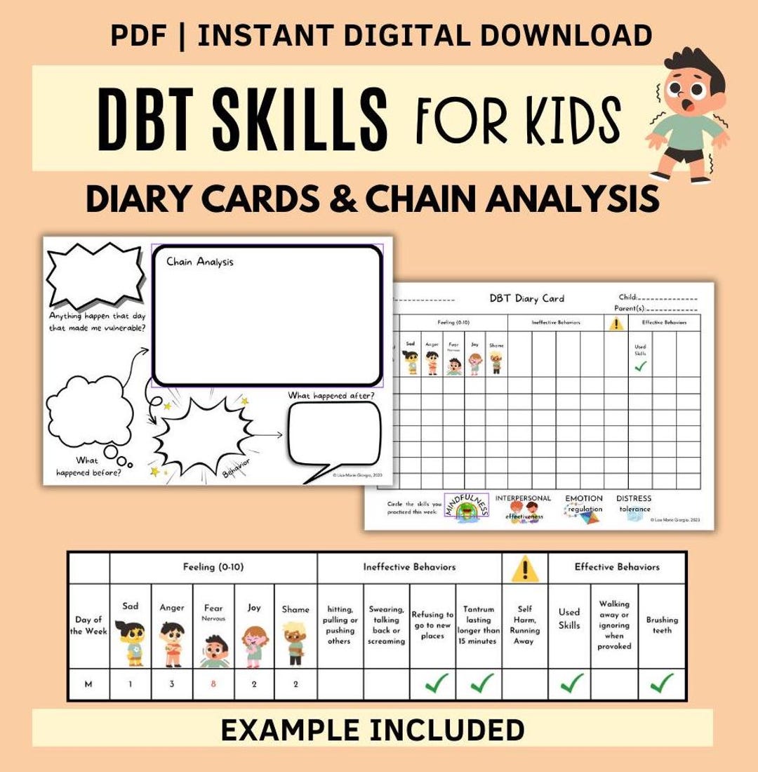 Weekly DBT Diary Cards for Children Dialectal Behavioral Therapy Chain ...