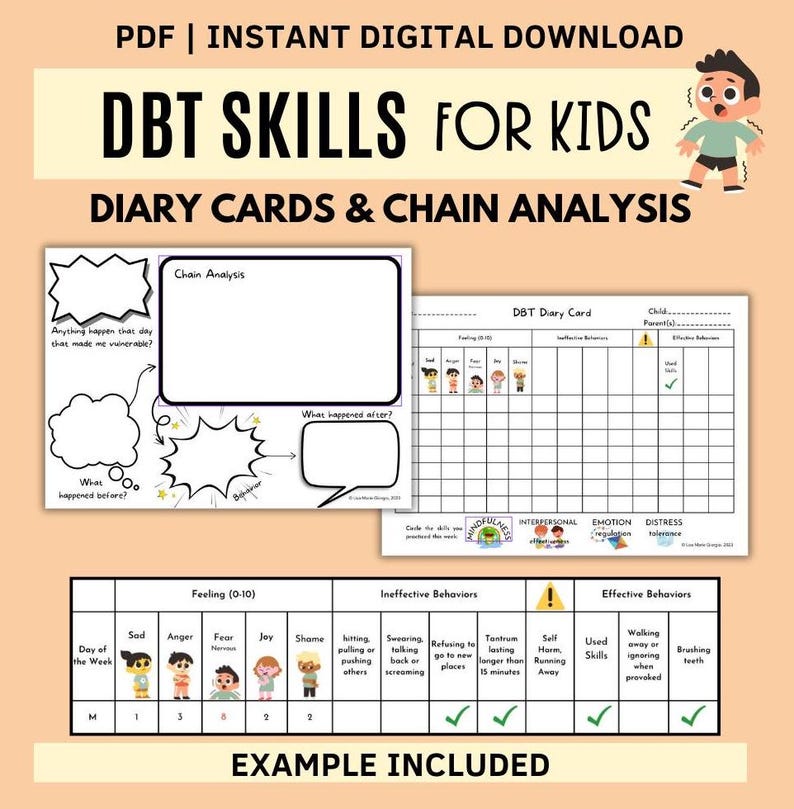 Weekly DBT Diary Cards for Children Dialectal Behavioral Therapy Chain ...