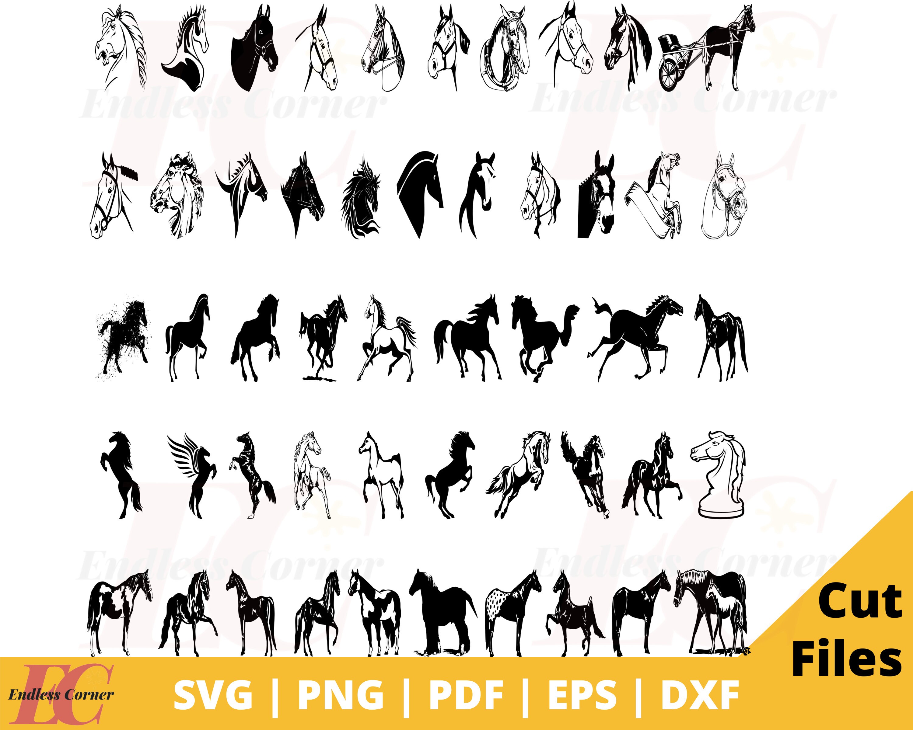 50 diseños de caballos SVG, PNG, EPS, Dxf, Pdf, archivos de corte, Clip ...