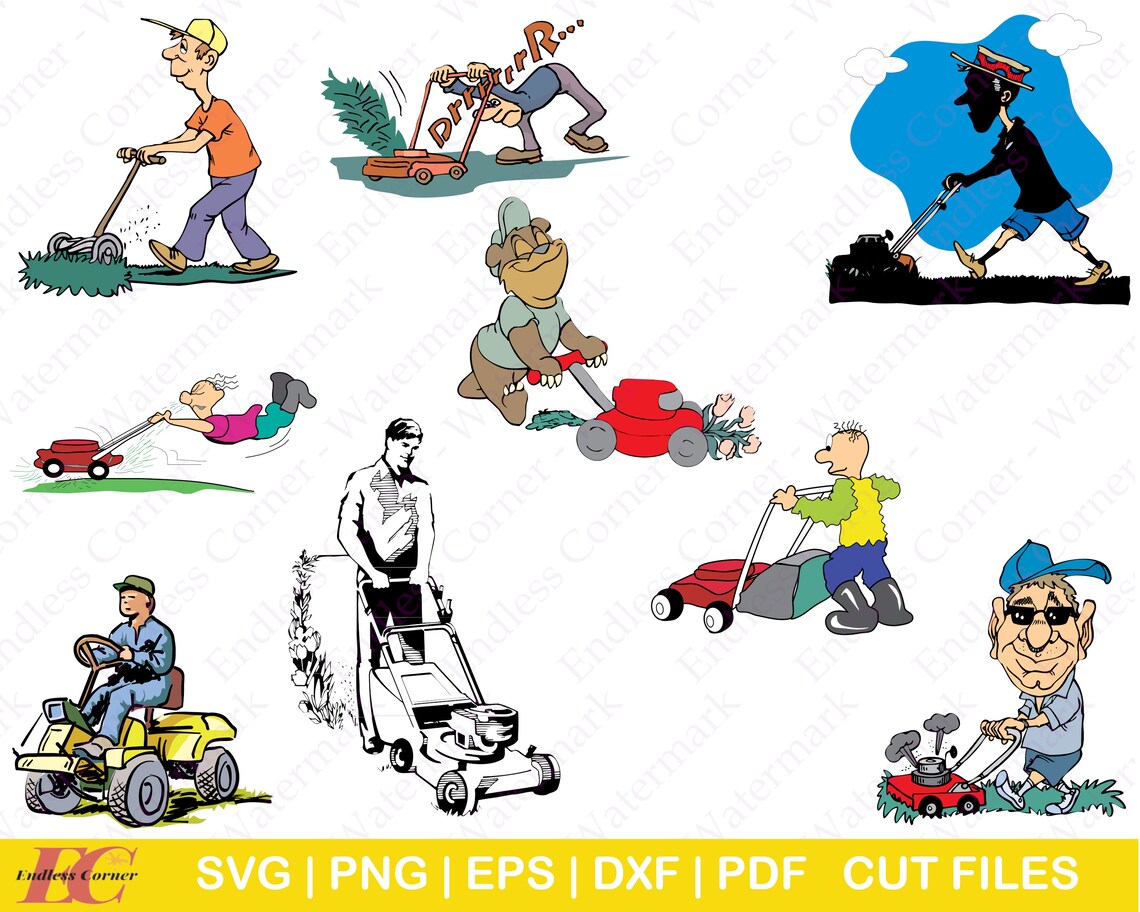 9 Mowing Lawn SVG Cut File Designs, Digital Drawings Instant Download ...