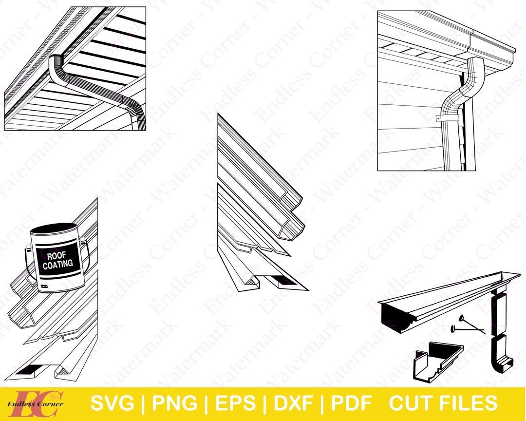 5 Gutter and Downspout SVG Cut File Designs, Digital Drawings Instant ...