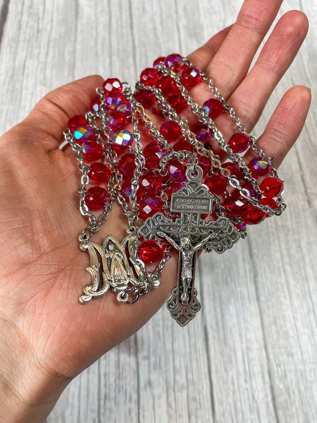 Catholic Ladder Rosary With Red Iridescent Faceted Glass Beads ...