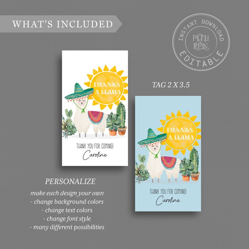 Fiesta Llama Gift Tag, EDITABLE Thank You Tag, Instant Download, Corjl ...