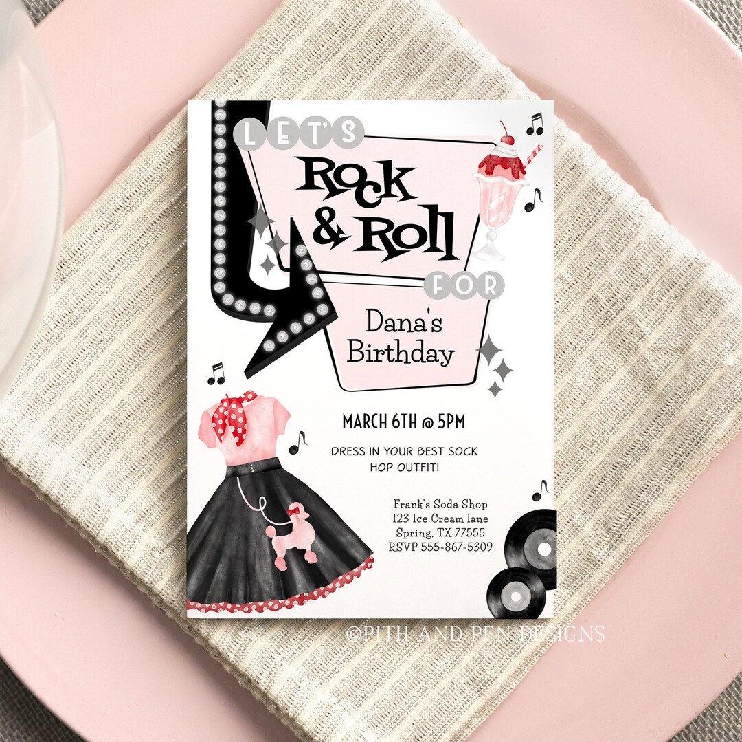 1950's Birthday Party Invitation, Printable Pink and Black Sock Hop ...