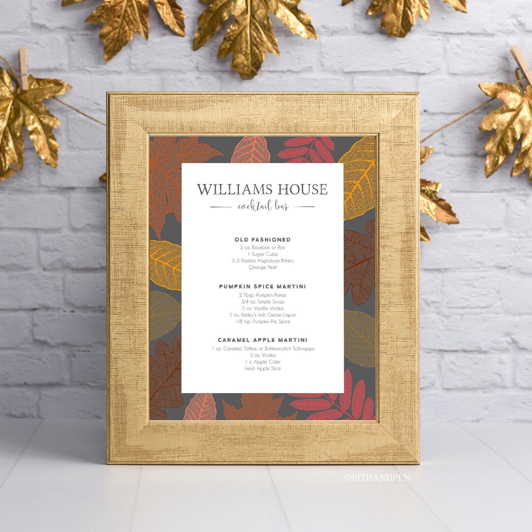 Fall Cocktail Menu Sign, Thanksgiving Bar Sign, DIY Fall Templates ...
