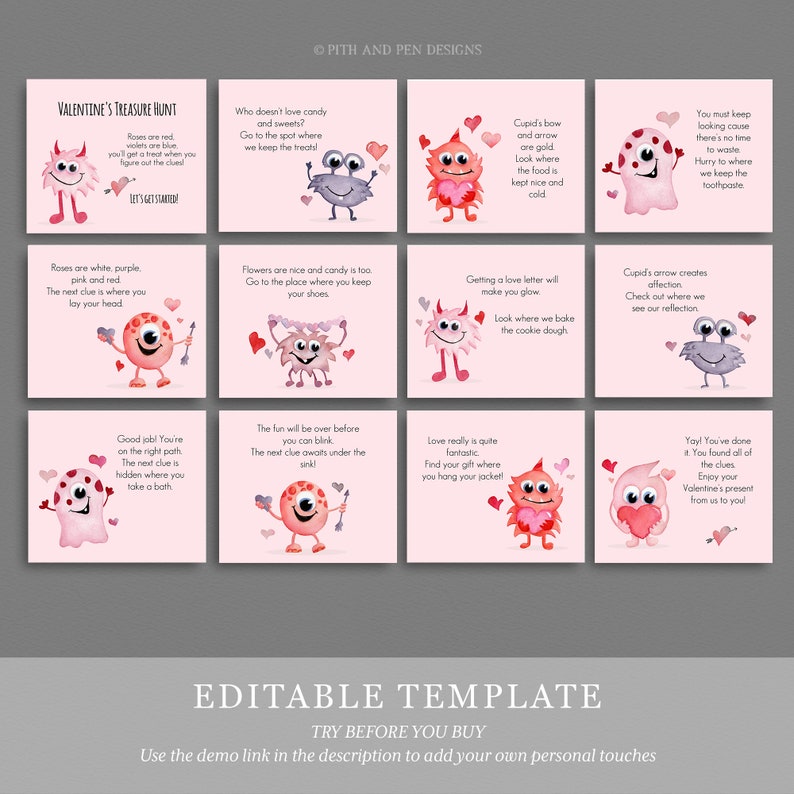 Valentine's Treasure Hunt Cards, Monster Kids Scavenger Hunt, Printable ...