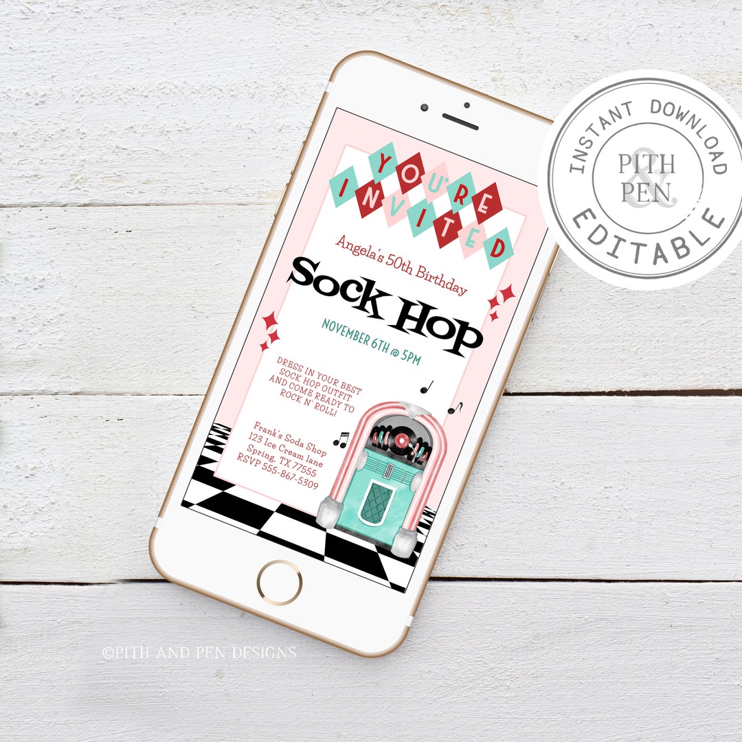 Digital Sock Hop Birthday Party Invitation, Pink and Green, Instant ...