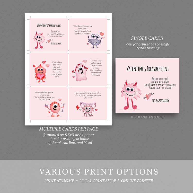 Valentine's Treasure Hunt Cards, Monster Kids Scavenger Hunt, Printable ...
