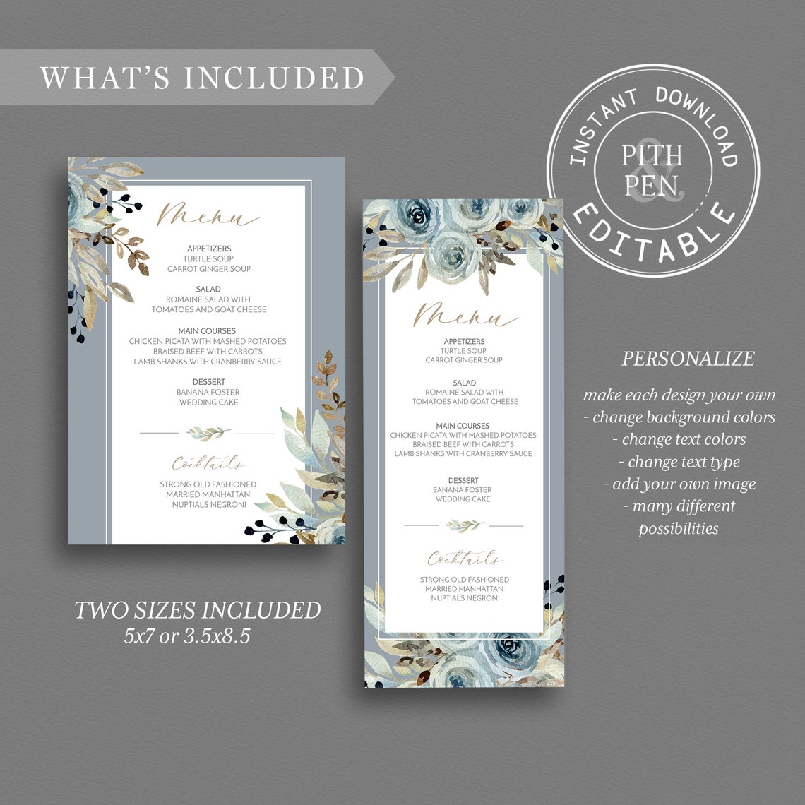 Blue and Gray Wedding Menu Slate Blue Dinner Menu Printable - Etsy