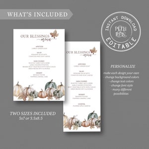 Pumpkin Thanksgiving Menu, Fall Dinner Menu, Printable Event Menu ...