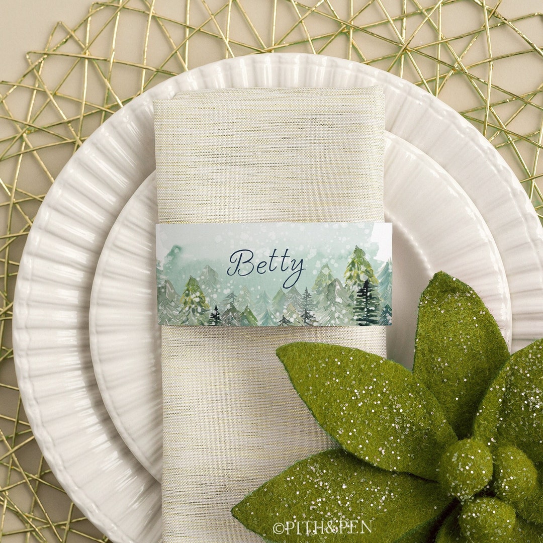 Christmas Trees Name Tag Napkin Band, Holiday Dinner Place Setting ...
