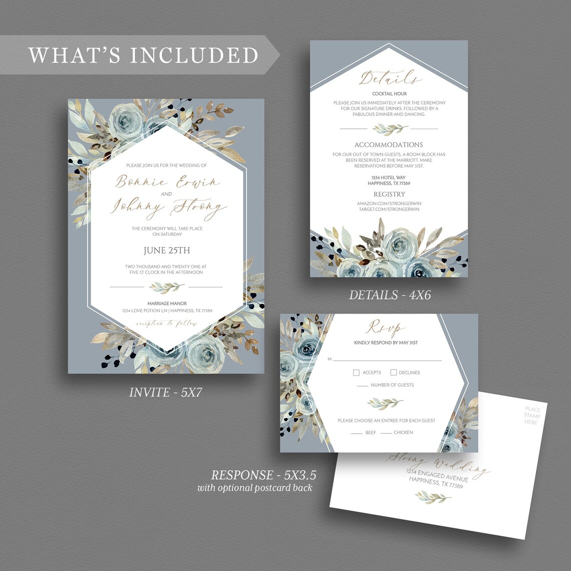 Slate Blue Wedding Invitation Set DIY Printable Invite RSVP | Etsy