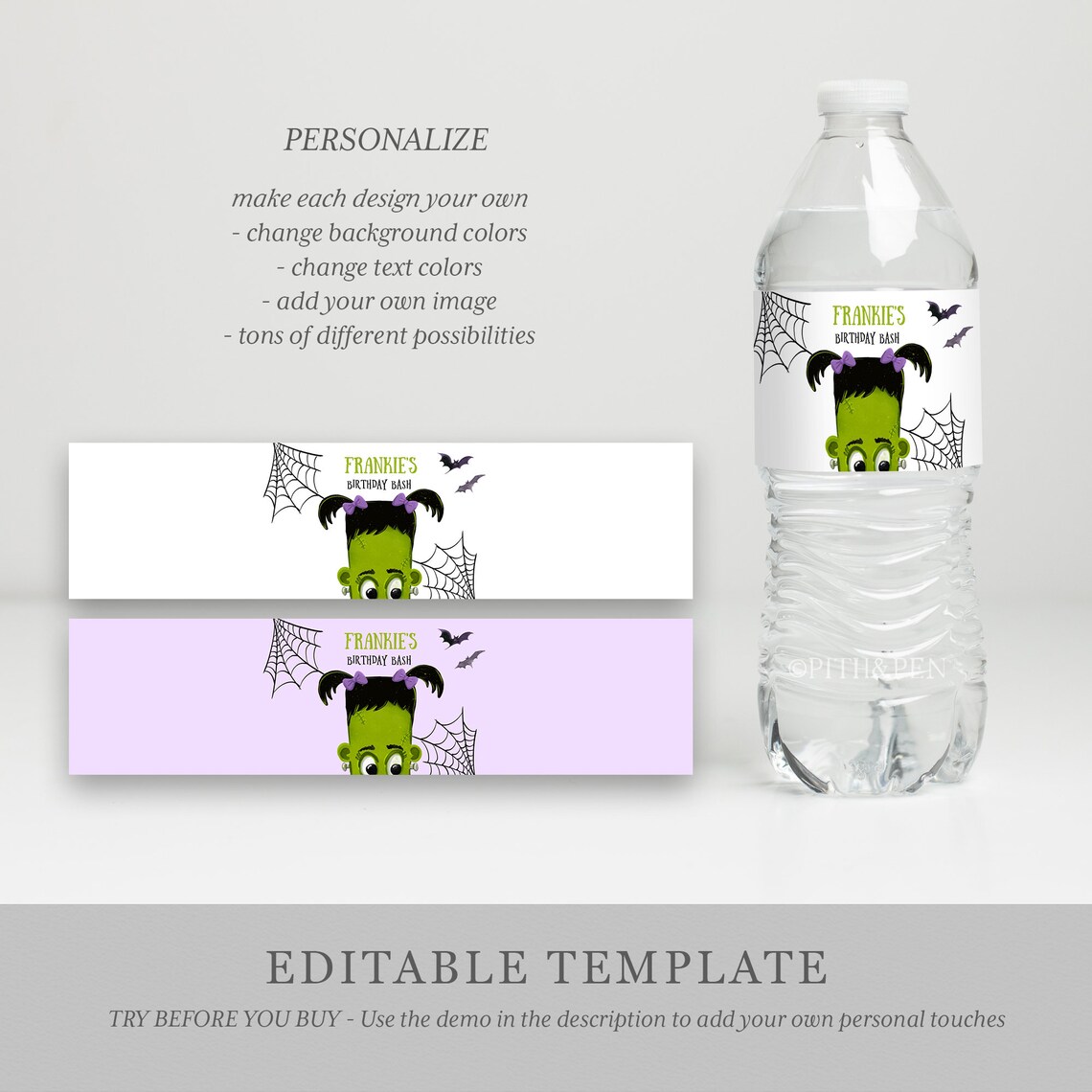 Frankenstein Halloween Water Bottle Label, PRINTABLE Birthday, Instant ...