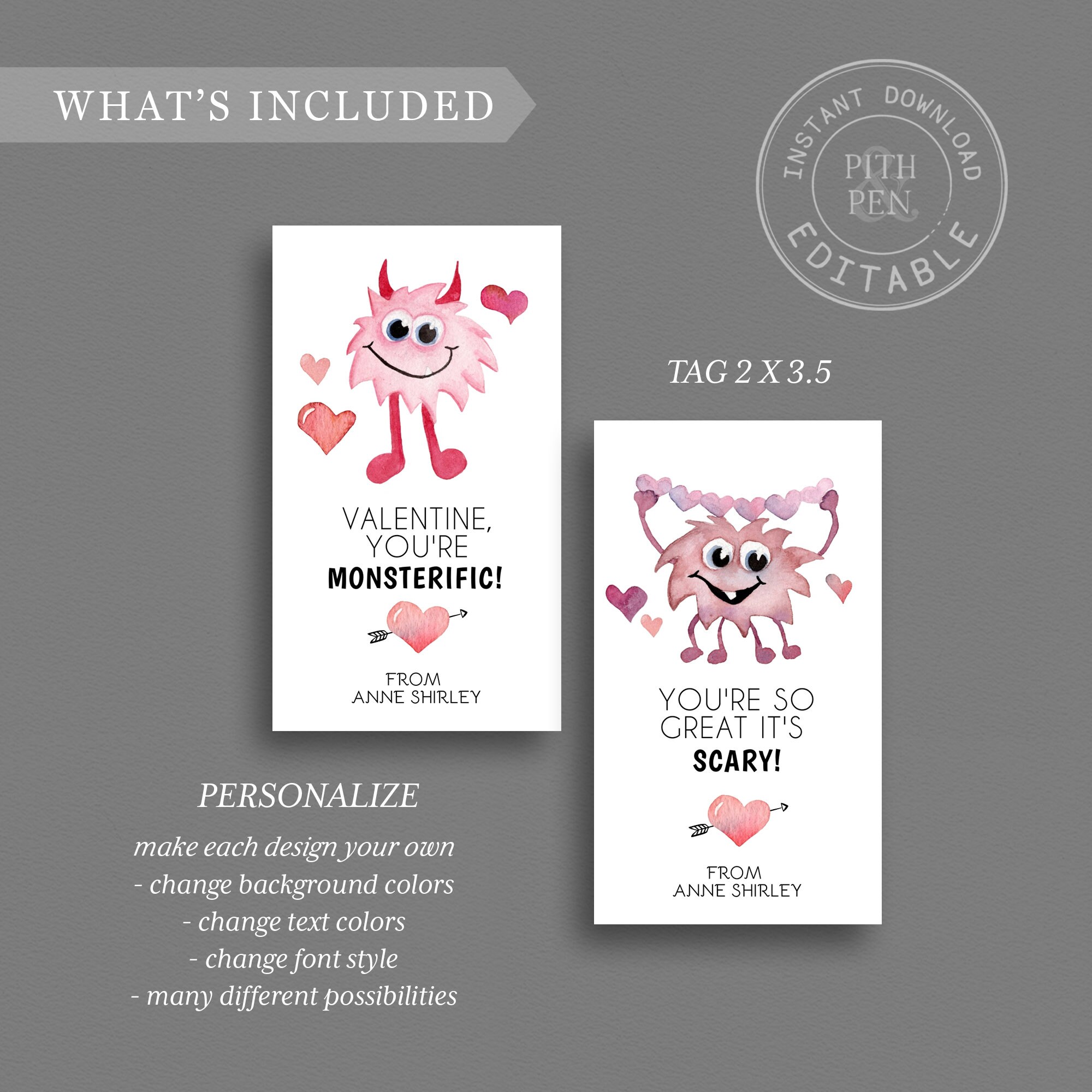 Valentine's Monster Gift Tag Editable Gift Tag Printable - Etsy