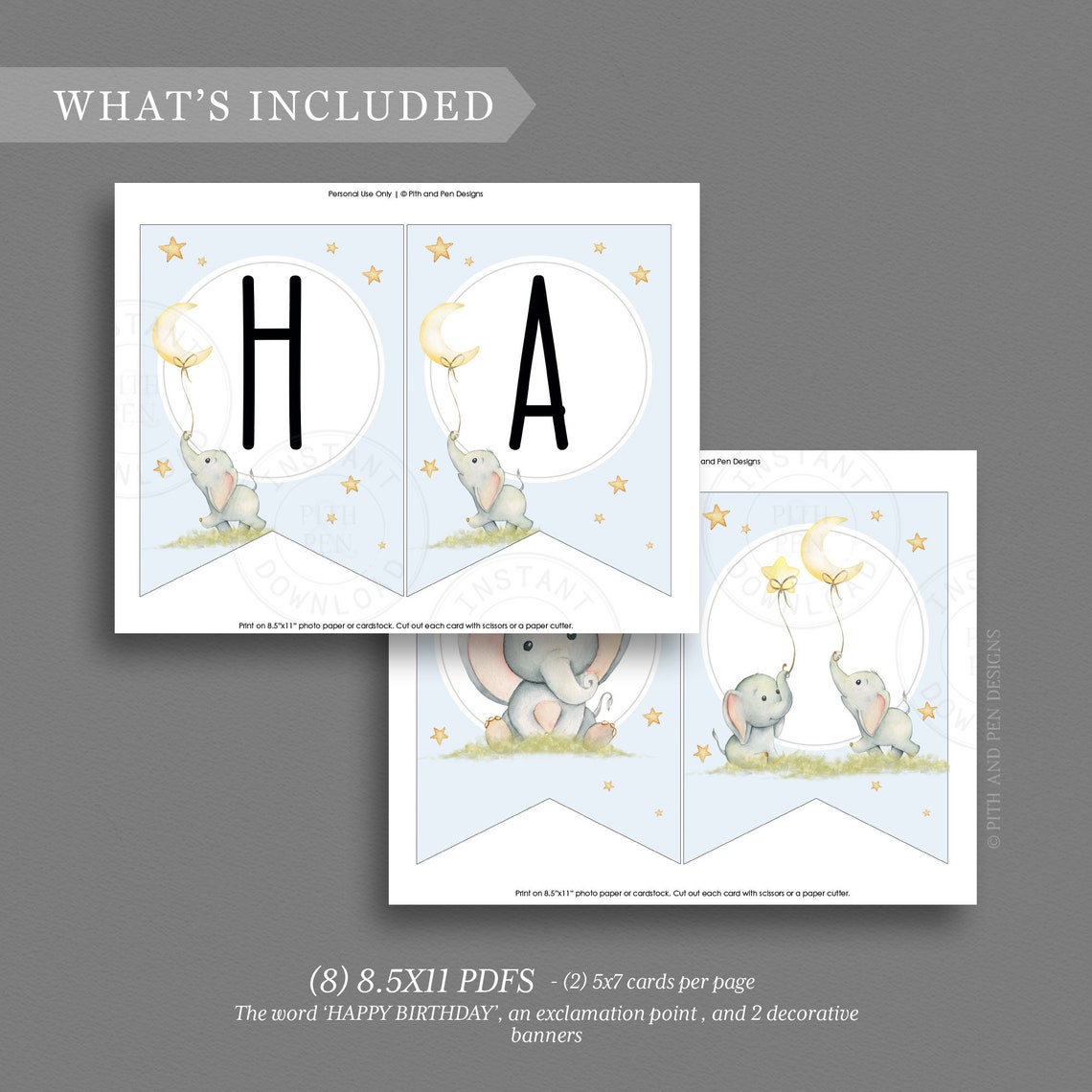Happy Birthday Banner Baby Elephant Party Instant Download - Etsy
