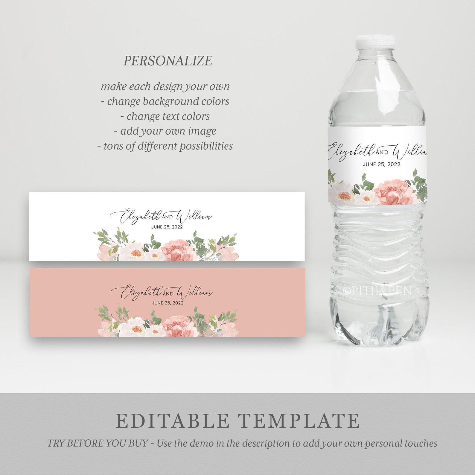 Pink Water Bottle Label Template EDITABLE Water Bottle Label - Etsy
