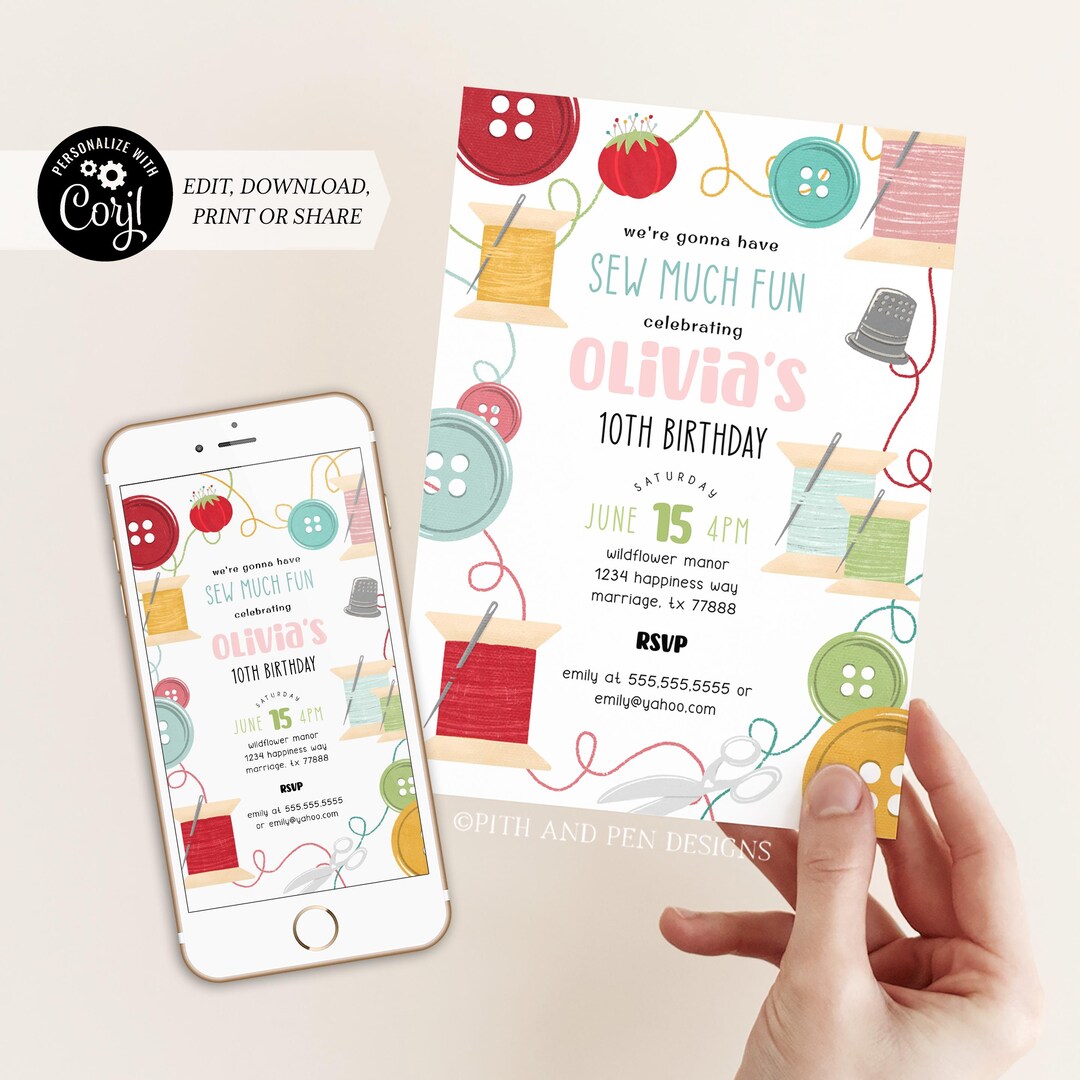 Sewing Party Invitation | Printable Birthday | Corjl #089-01PI - Etsy