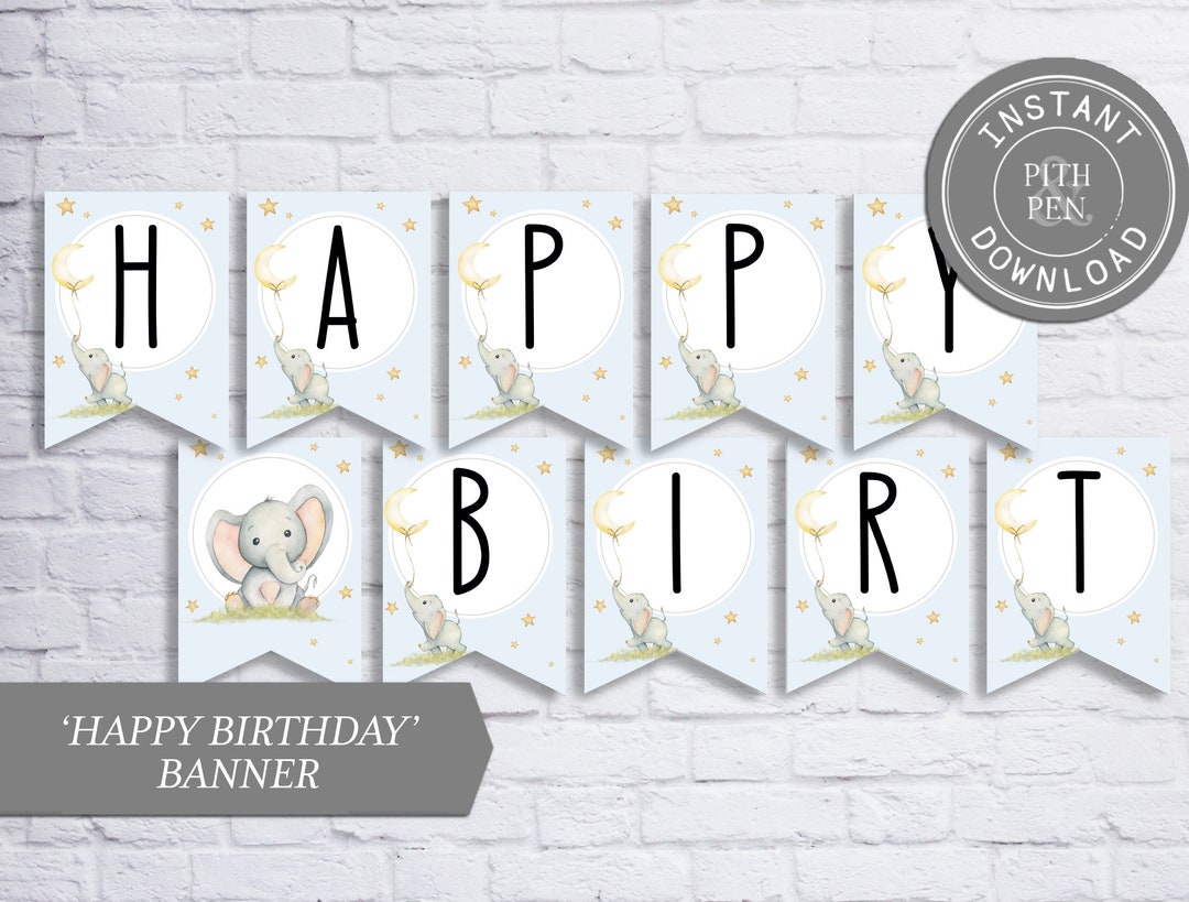 Happy Birthday Banner, Baby Elephant Party, Instant Download, 059-31B ...