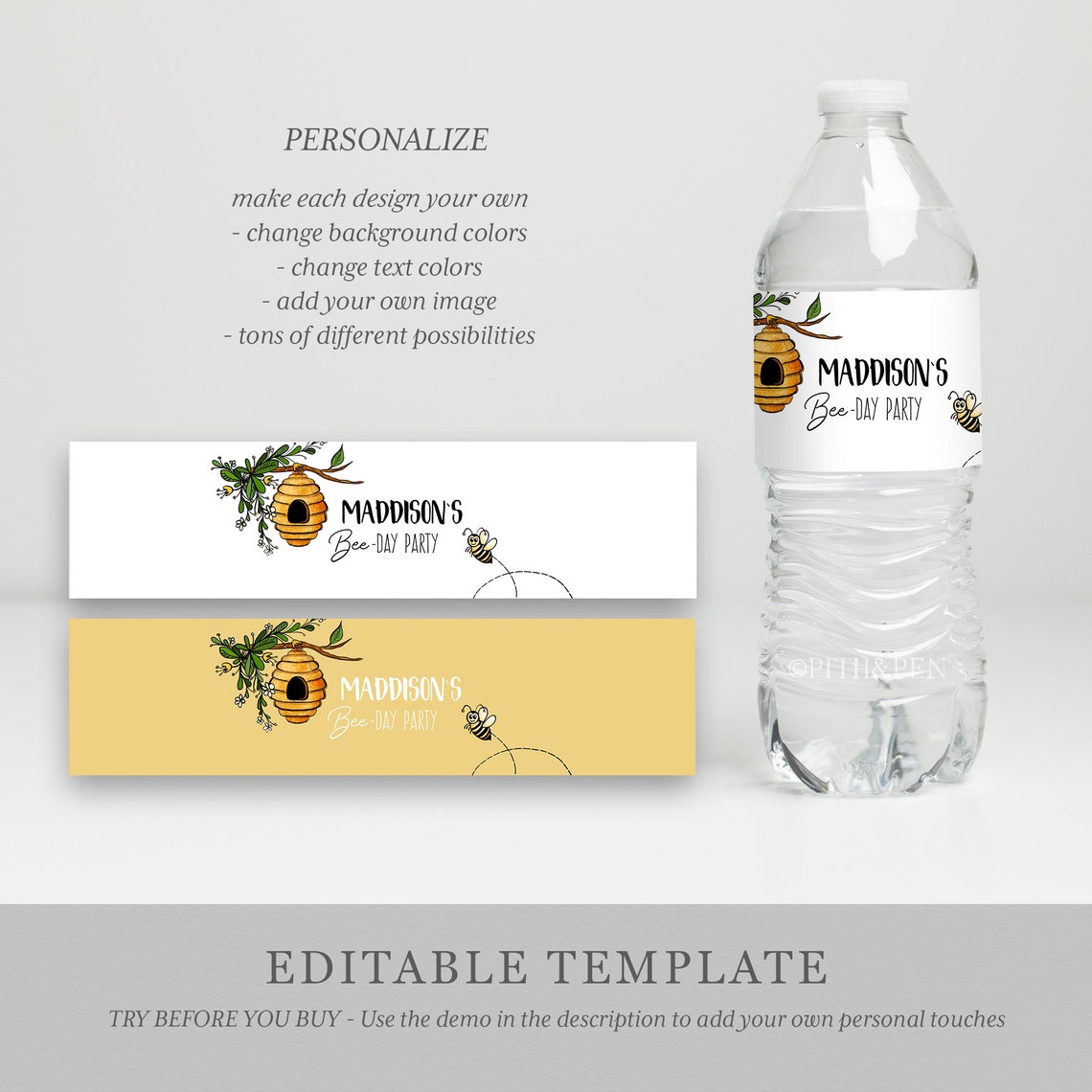 Honey Bee Water Bottle Label, PRINTABLE Water Bottle Label, Instant ...