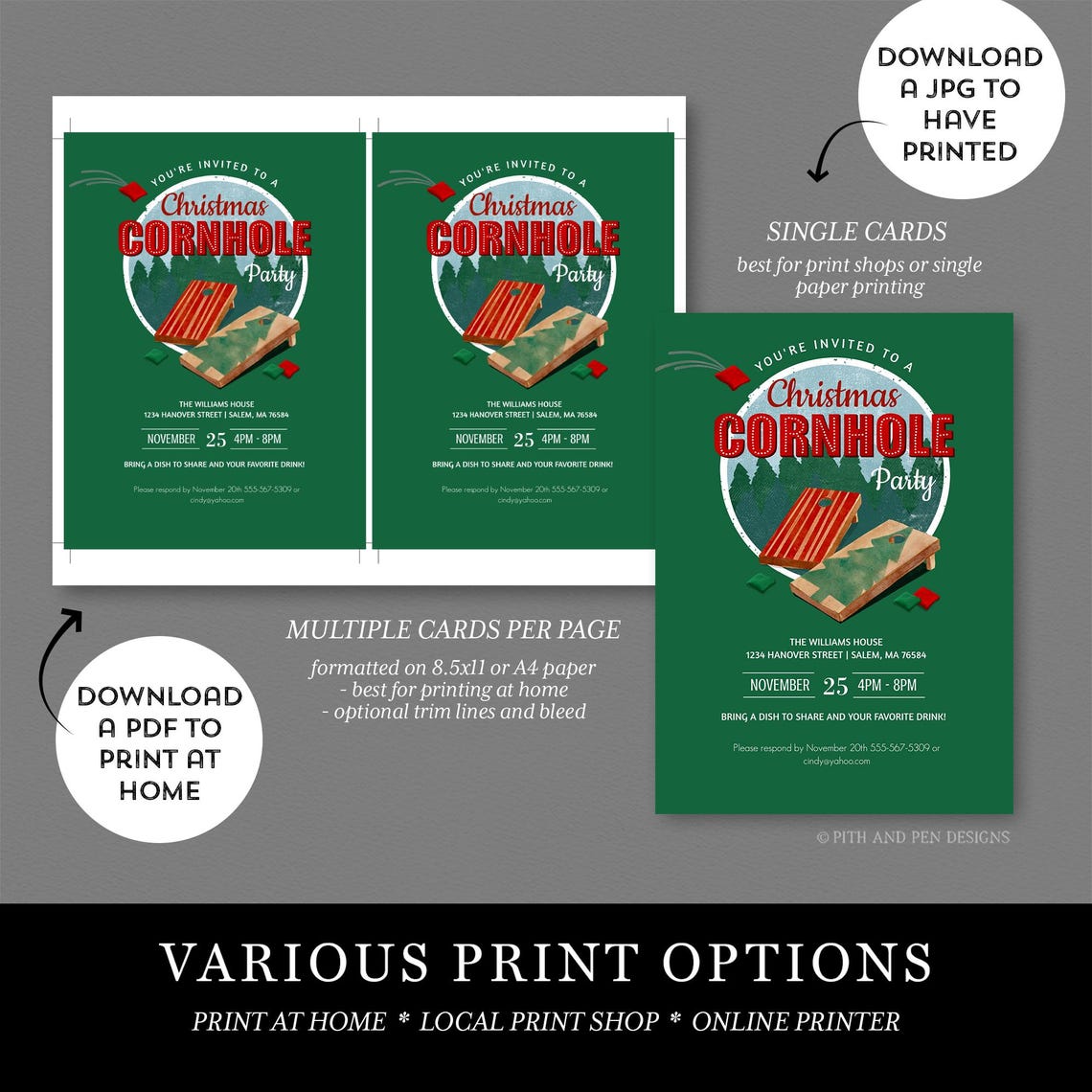 Christmas Cornhole Invitation | Potluck Dinner Party | Printable and ...
