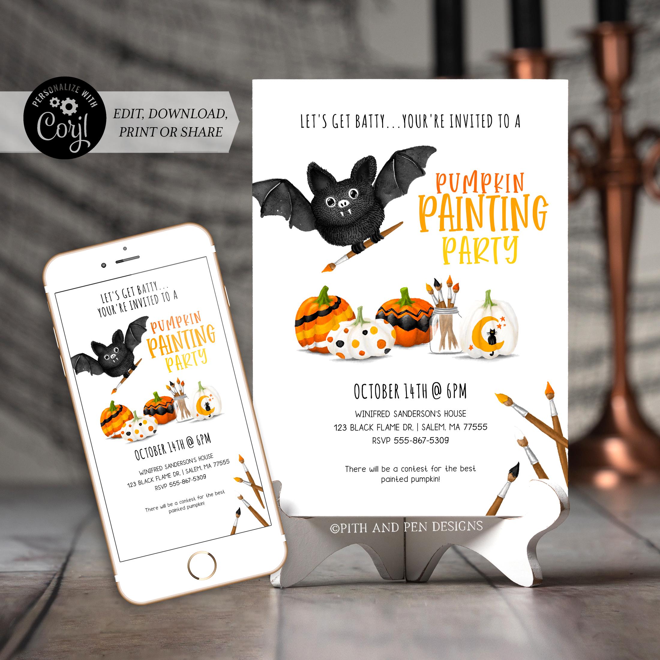 Pumpkin Painting Party Invitation | Halloween Bat | Printable and ...