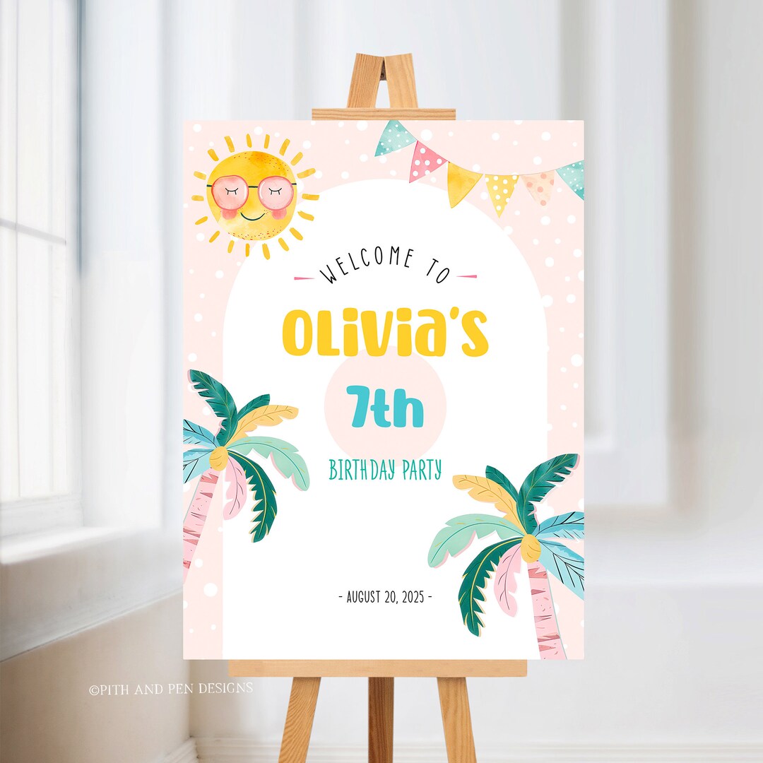 Fun in the Sun Birthday Party Sign, Printable Welcome Sign, Corjl #086 ...