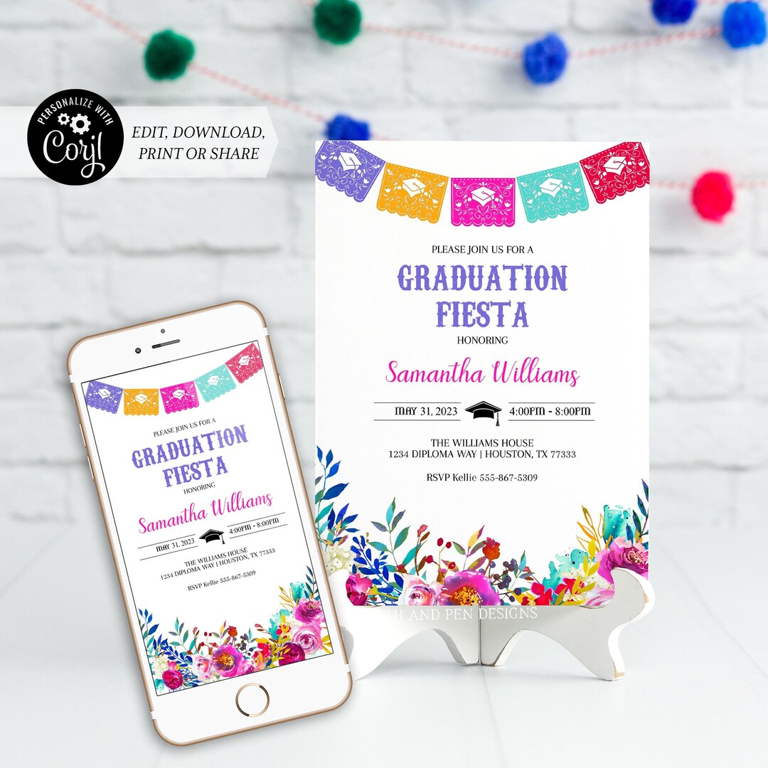 Graduation Fiesta Invitation | Bright Florals | Printable and Digital ...