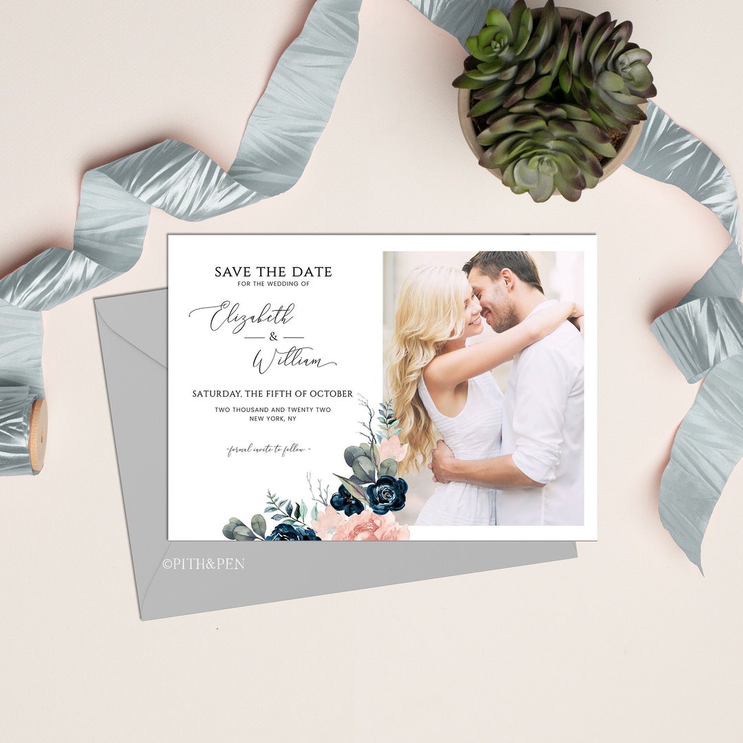 Navy Wedding Photo Save the Date, Printable Photo Card, Instant ...