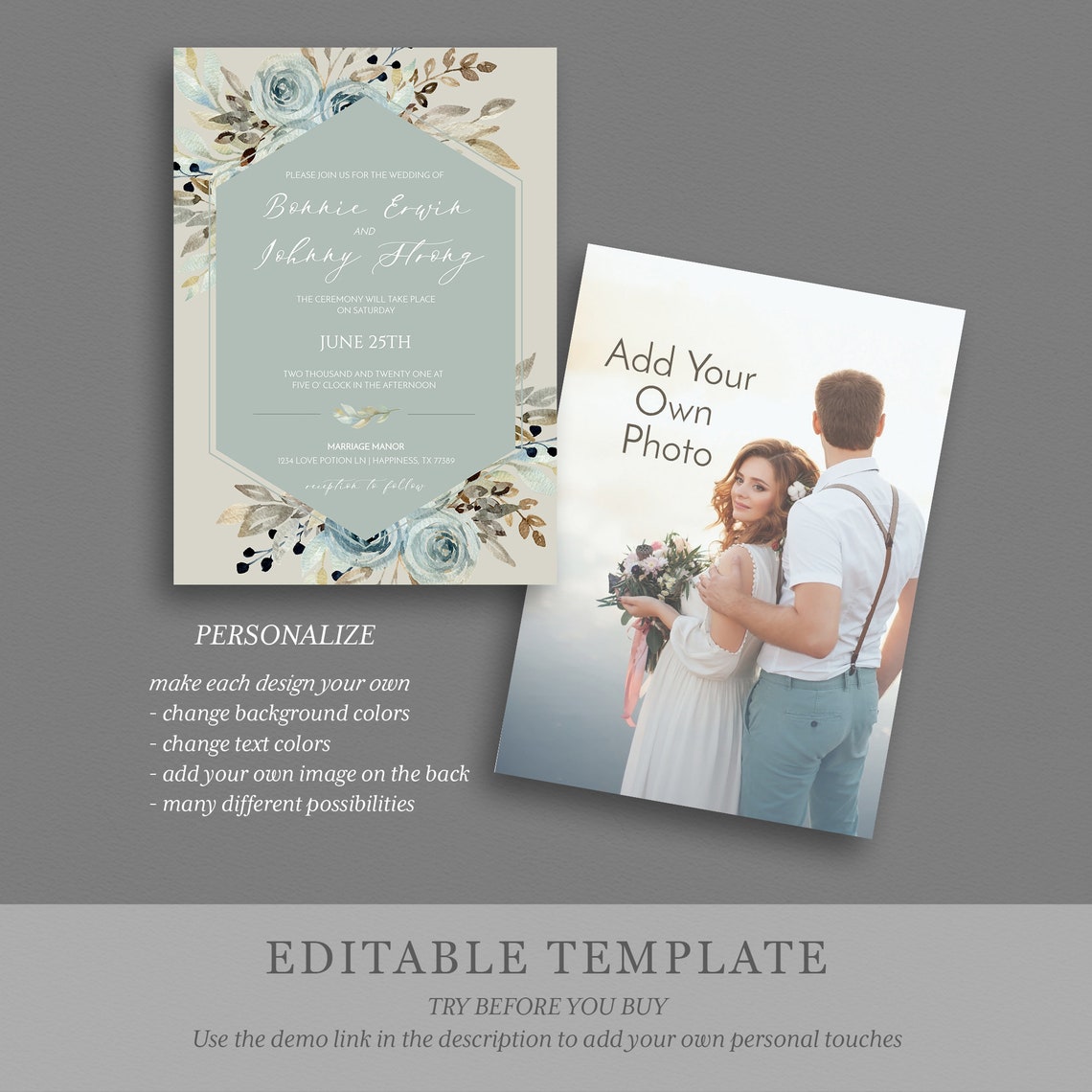 Slate Blue Wedding Invitation Set DIY Printable Invite RSVP | Etsy