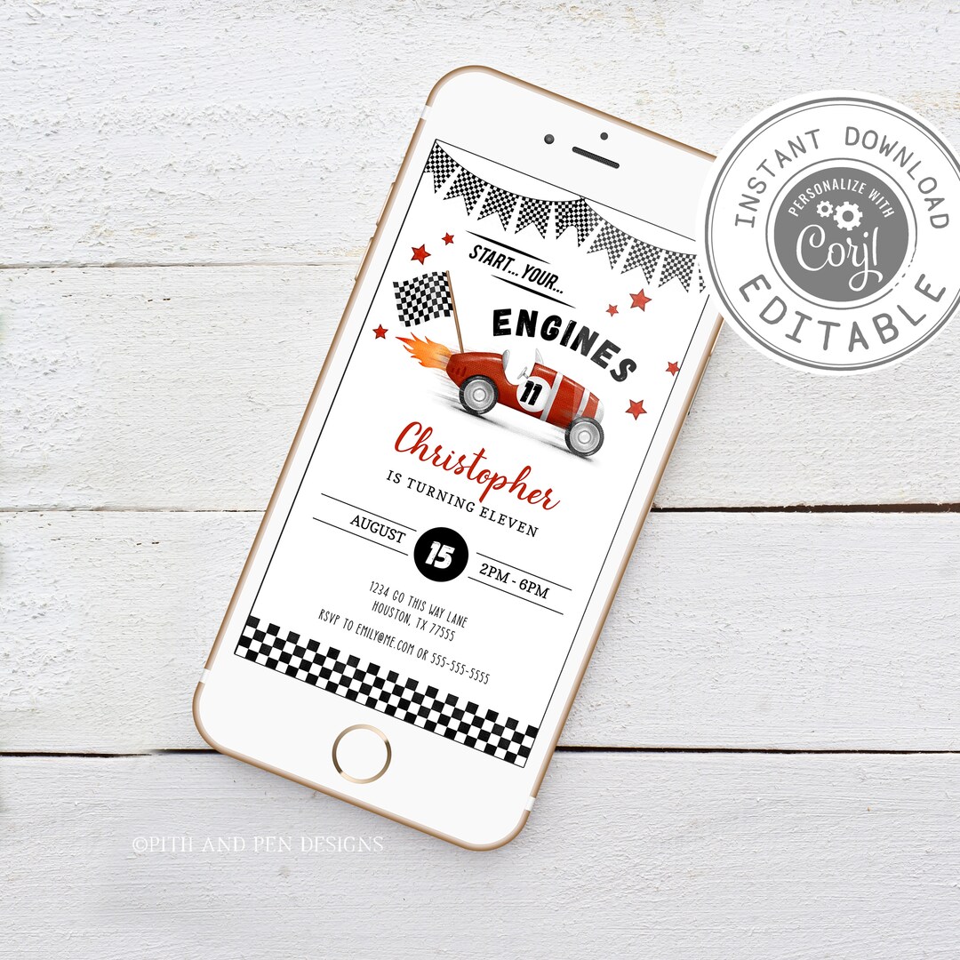 Race Car Party Phone Invitation, Birthday Digital Invite, Corjl 069 ...