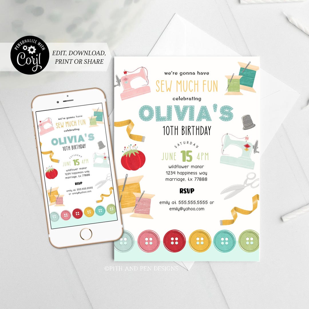Sewing Party Invitation | Printable Birthday | Corjl #089-06PI - Etsy