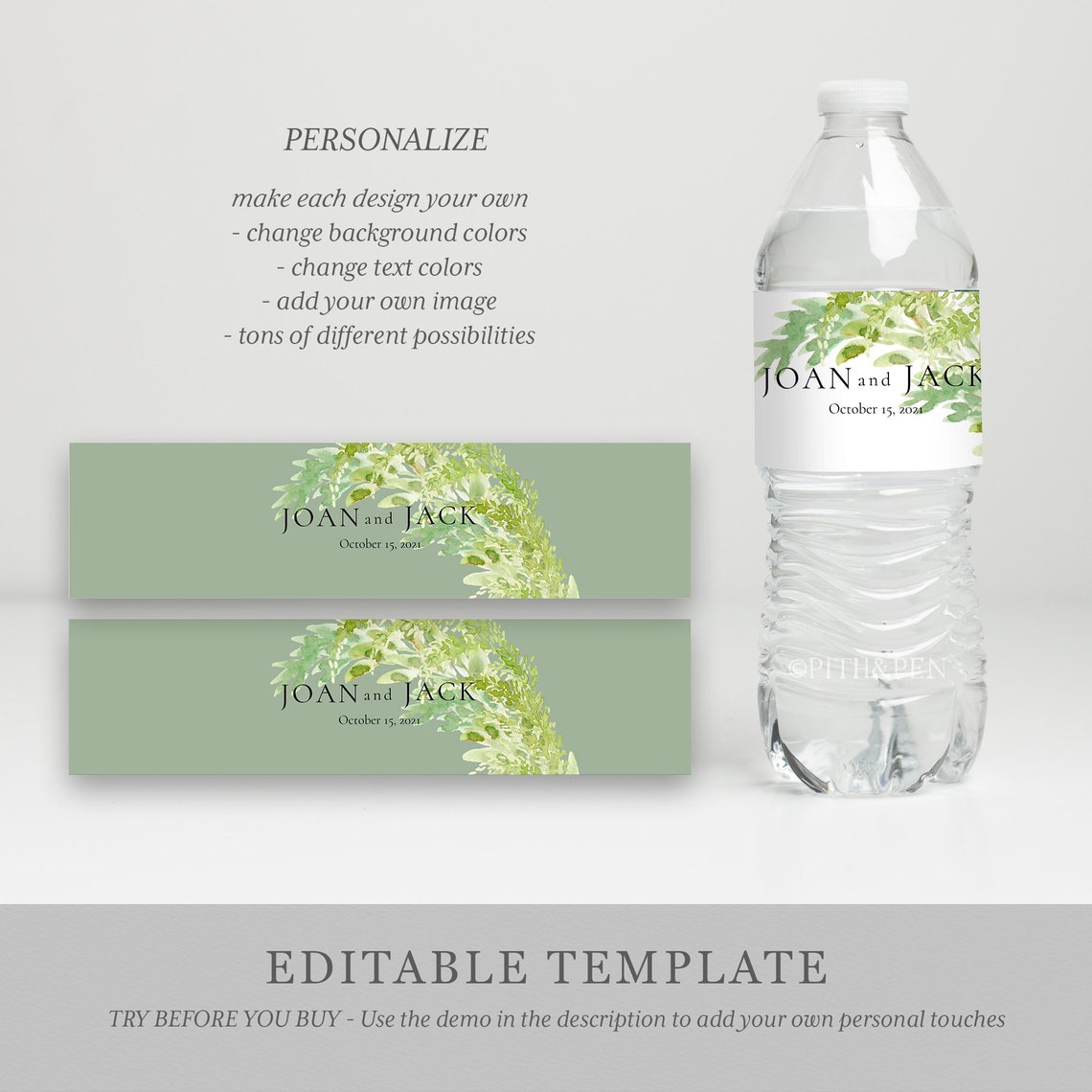 Greenery Water Bottle Label Template EDITABLE Water Bottle - Etsy