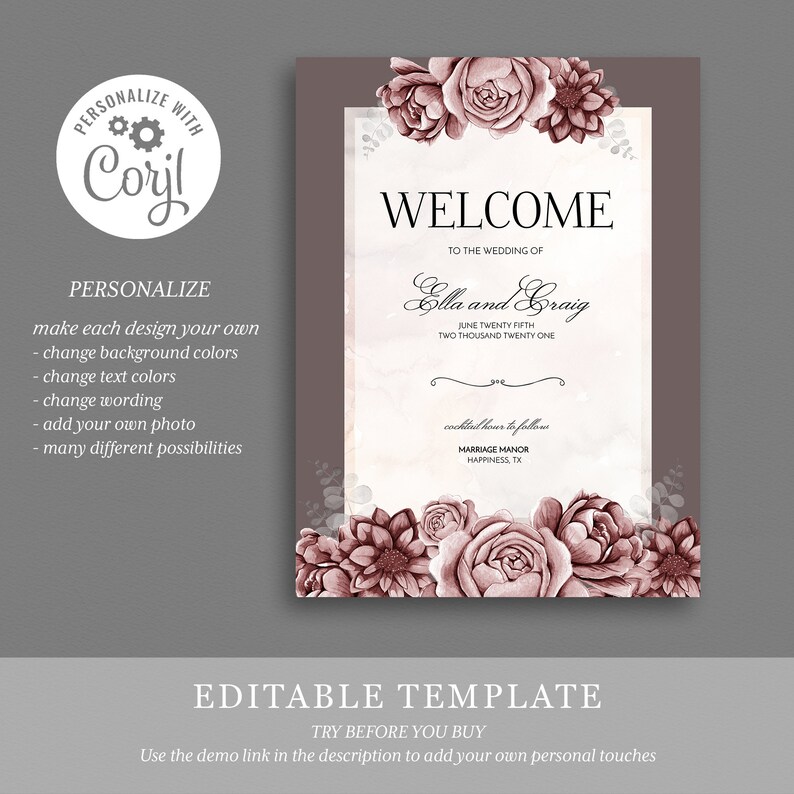 Mauve Wedding Welcome Sign DIY Printable Poster Custom - Etsy