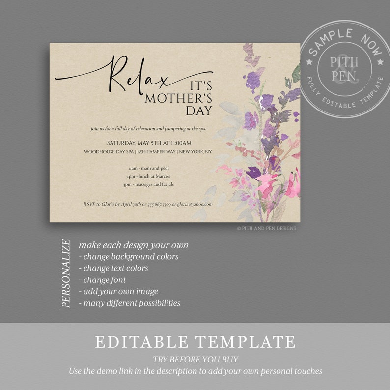 Mother's Spa Day and Brunch Invitation 5x7 Printable - Etsy